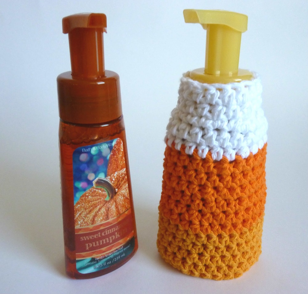 Candy Corn Soap Dispenser Cozy | AllFreeCrochet.com