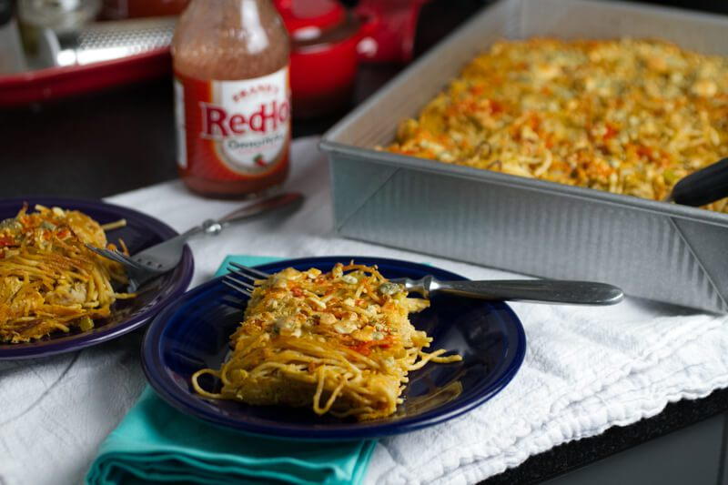 Buffalo Chicken Spaghetti Casserole | FaveSouthernRecipes.com