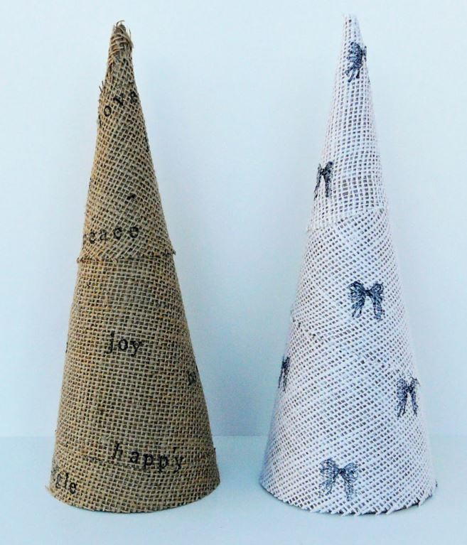 Stamped Burlap Mini Christmas Trees | AllFreeChristmasCrafts.com