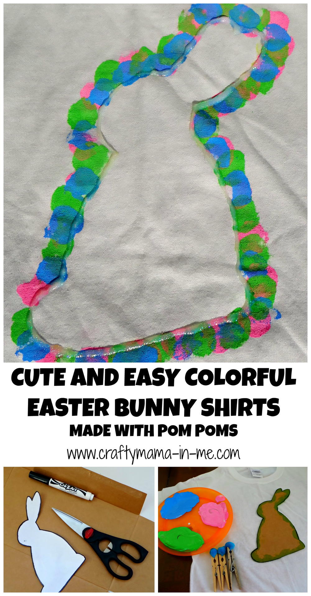 Colorful Easter Bunny Shirt Made with Pom Poms | AllFreeKidsCrafts.com