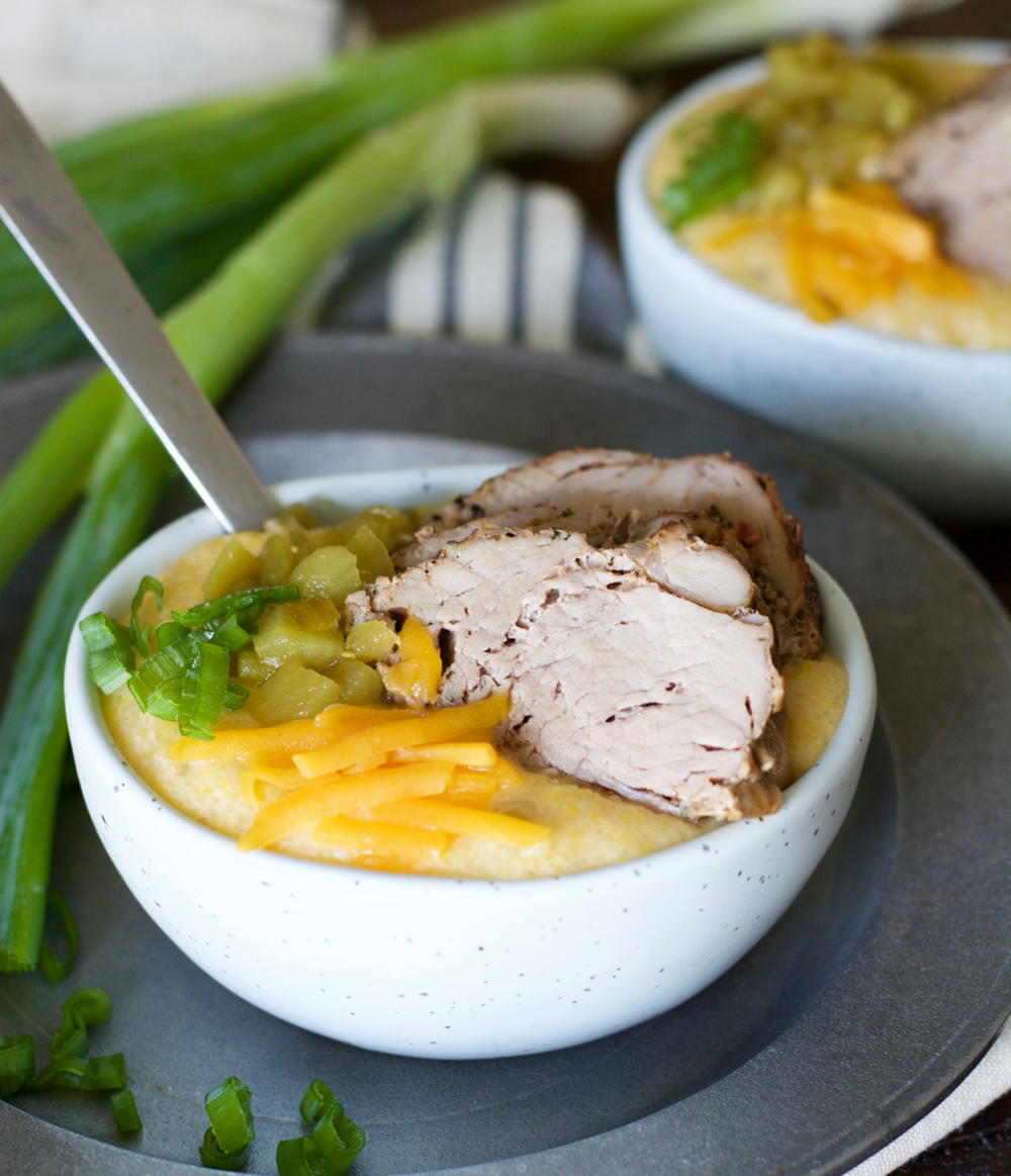 Garlic Pepper Pork Tenderloin with Green Chili Grits | RecipeLion.com