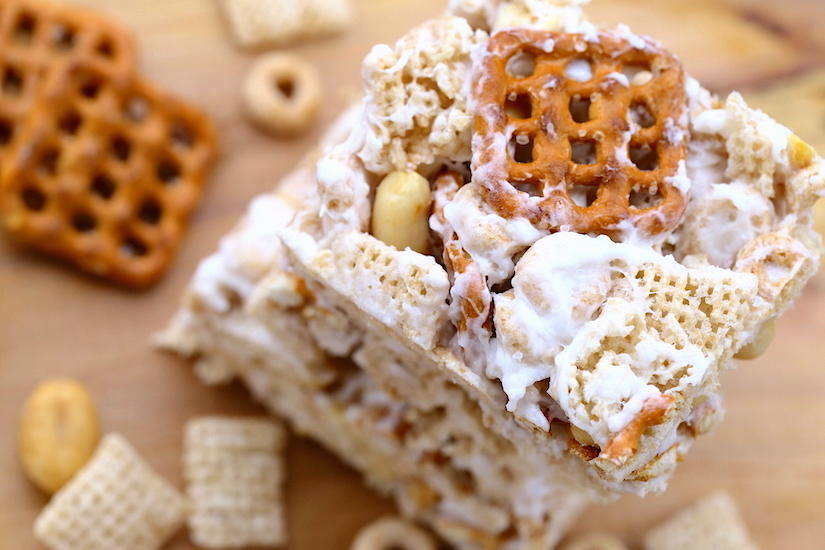 Party Mix Marshmallow Squares | TheBestDessertRecipes.com