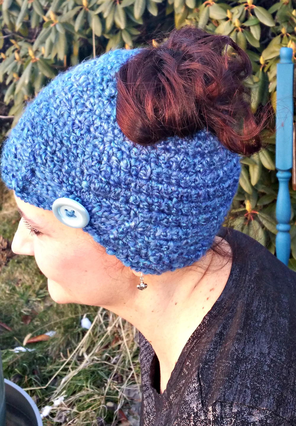 Big Button Messy Bun Beanie | AllFreeCrochet.com