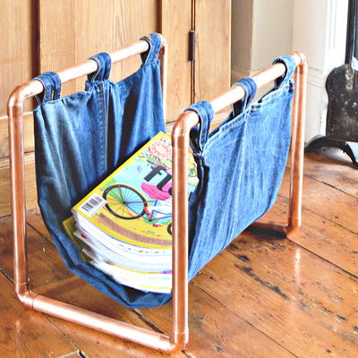 DIY Upcycled Denim and Copper Magazine Rack | DIYIdeaCenter.com