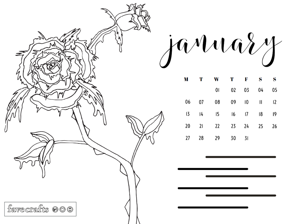 Frosted Rose January 2020 Printable Coloring Calendar Page | FaveCrafts.com