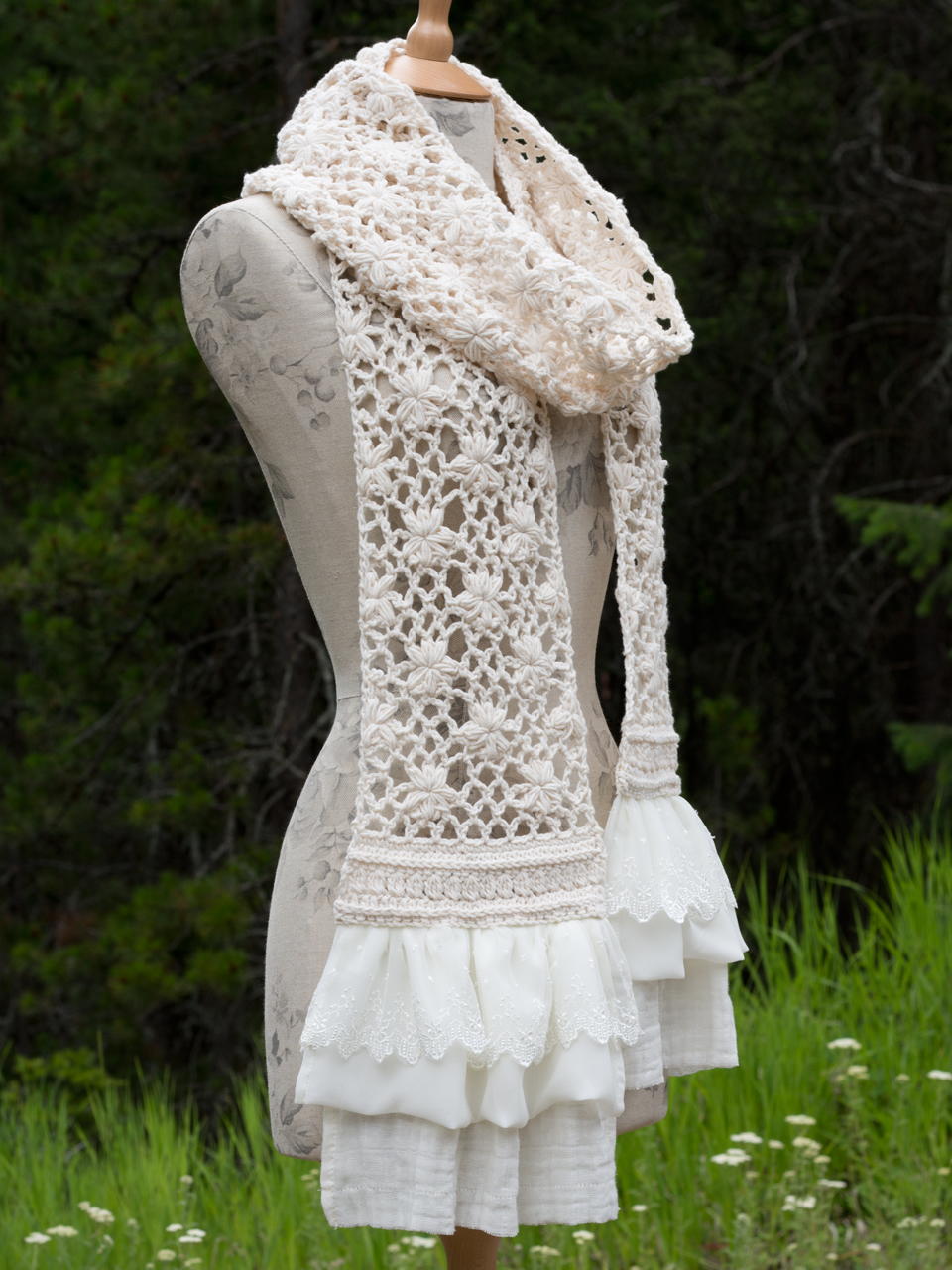 Shabby Chic Crochet Lace Scarf With Flowers And Ruffle | AllFreeCrochet.com