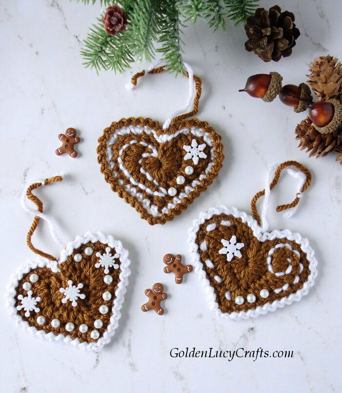 Crochet Gingerbread Heart Ornaments | AllFreeChristmasCrafts.com