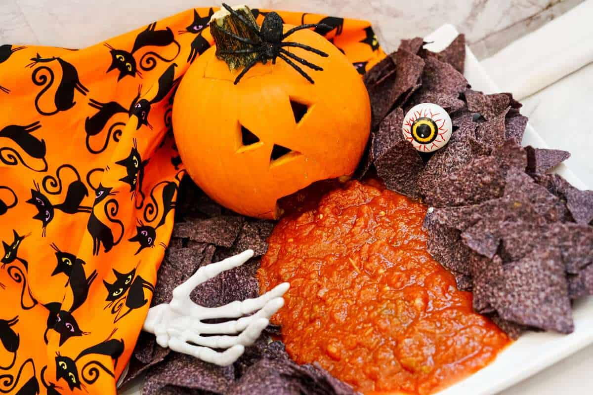 Puking Pumpkin Halloween Chips And Salsa Platter | DIYIdeaCenter.com