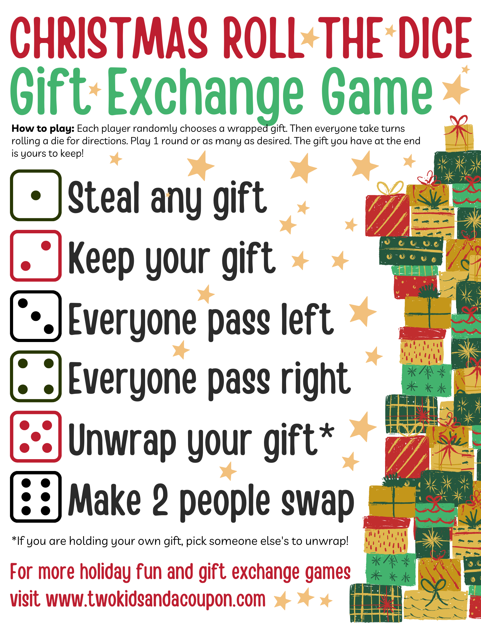 Free Printable Christmas Dice Game For Gift Exchanges Free Printable Christmas Dice Game For Gift Exchanges