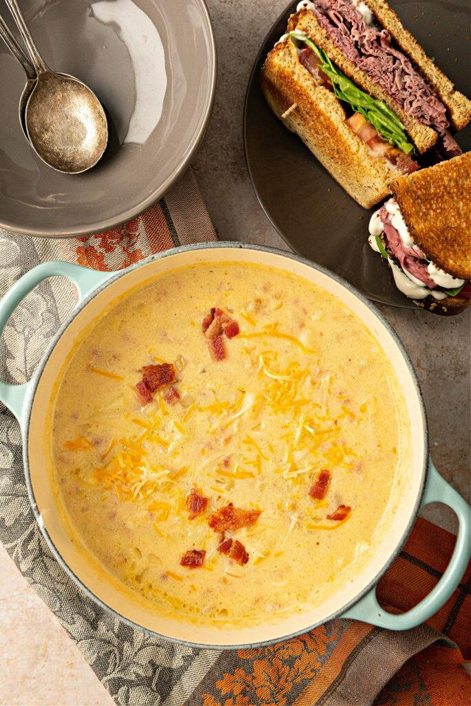Cheddar Potato & Bacon Soup with Roast Beef Club Sandwich | RecipeLion.com