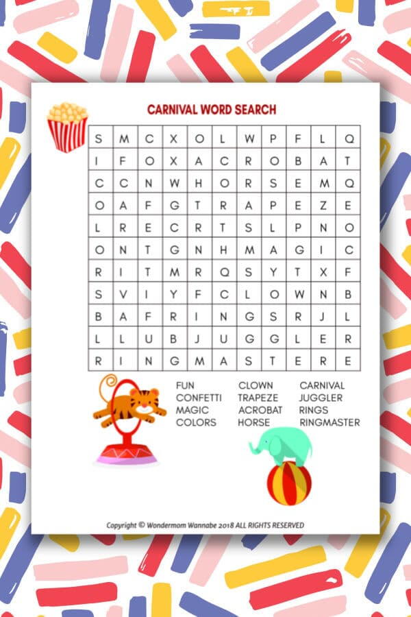 Carnival Word Search For Kids | AllFreePaperCrafts.com