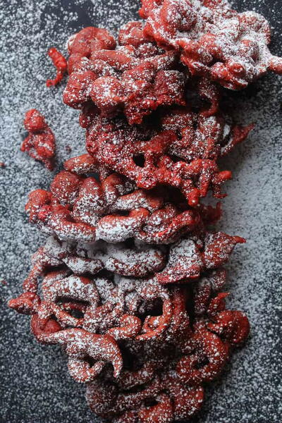 Red Velvet Funnel Cakes | FaveSouthernRecipes.com