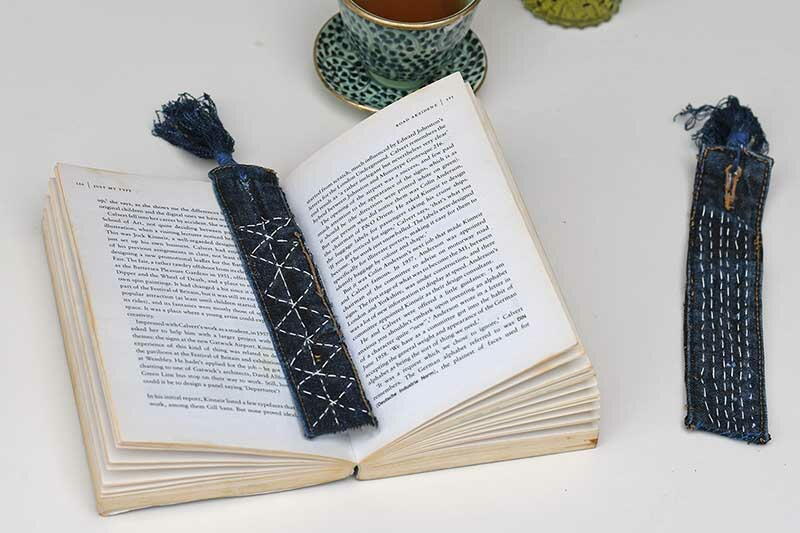 Decorated Denim Waistband Bookmarks | AllFreeSewing.com