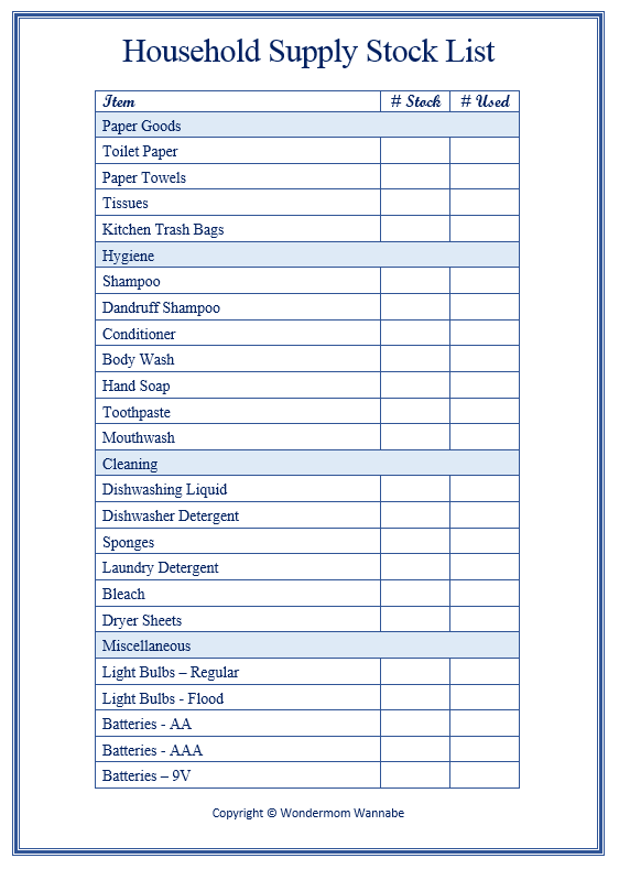 Household Supply Closet Stock List | AllFreePaperCrafts.com