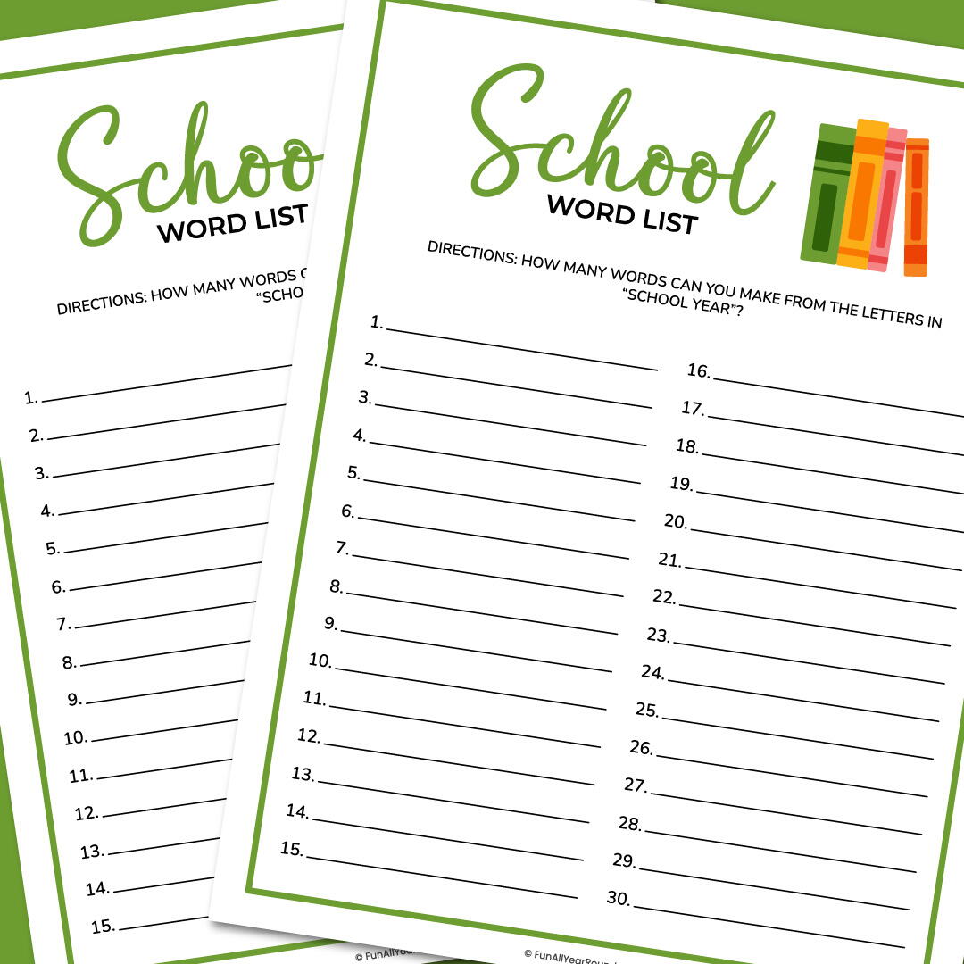 School Word List | AllFreeKidsCrafts.com