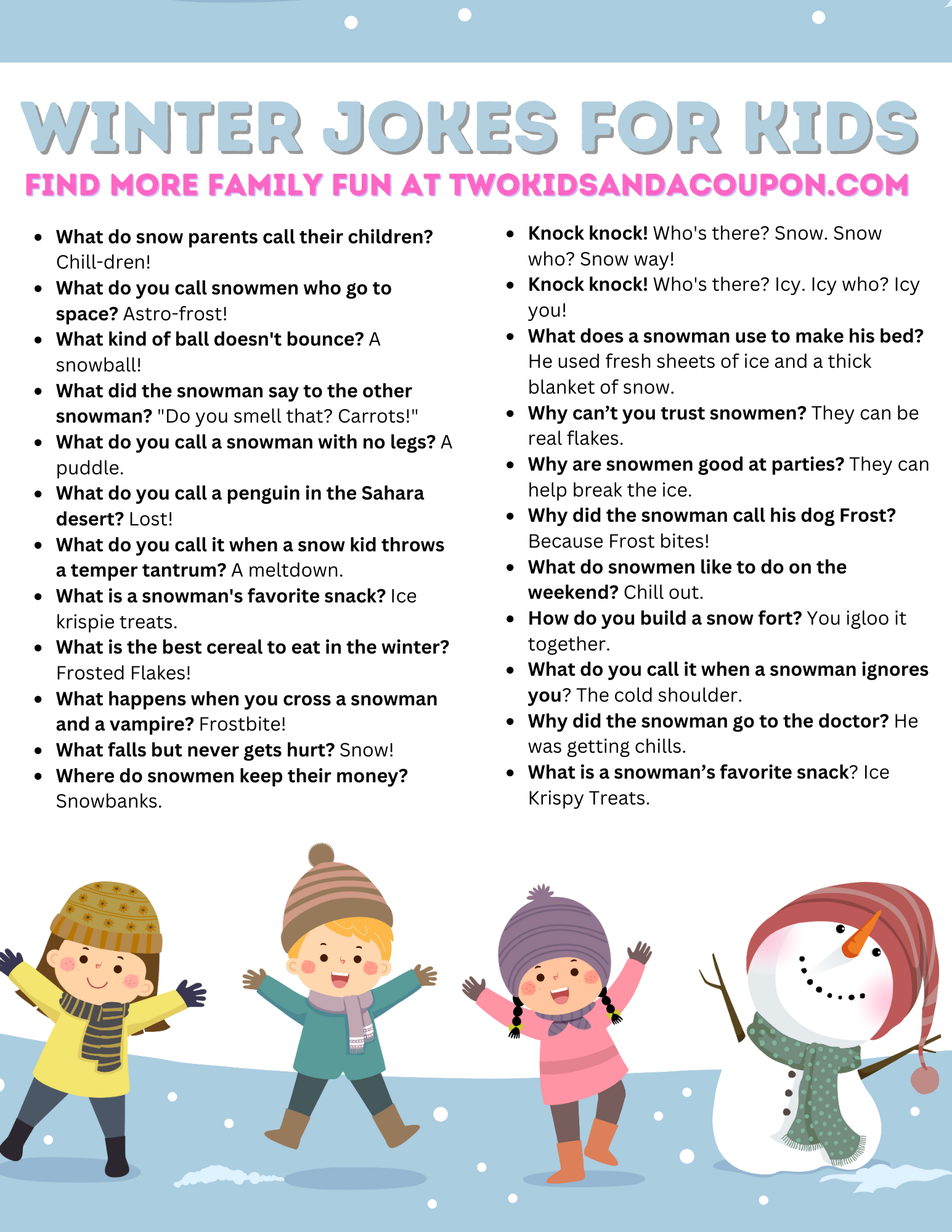 43 Wonderful Winter Jokes For Kids Plus Free Printable | FaveCrafts.com