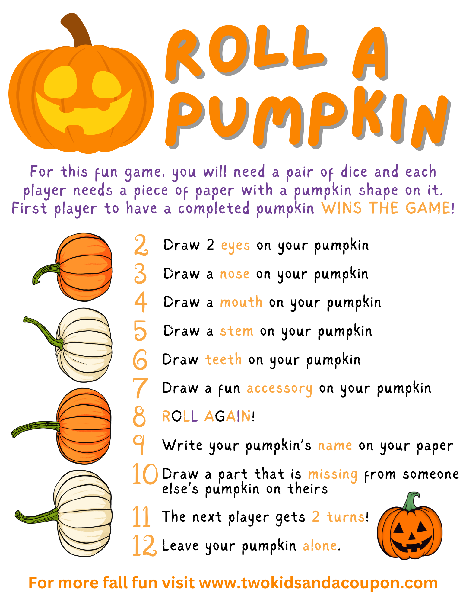 Free Printable Roll A Pumpkin Game For Halloween | AllFreeKidsCrafts.com