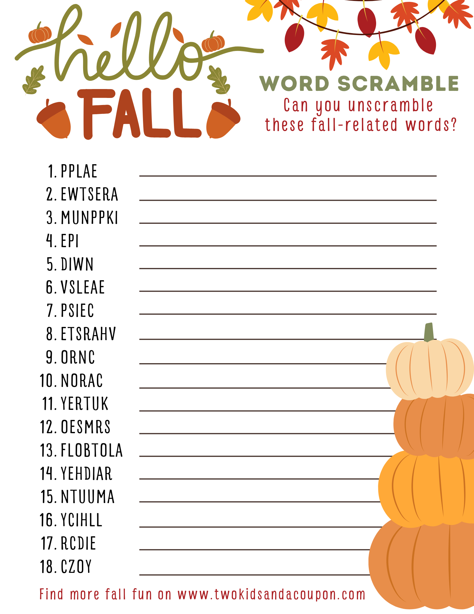 Fall Word Scramble Printable Puzzle | AllFreePaperCrafts.com