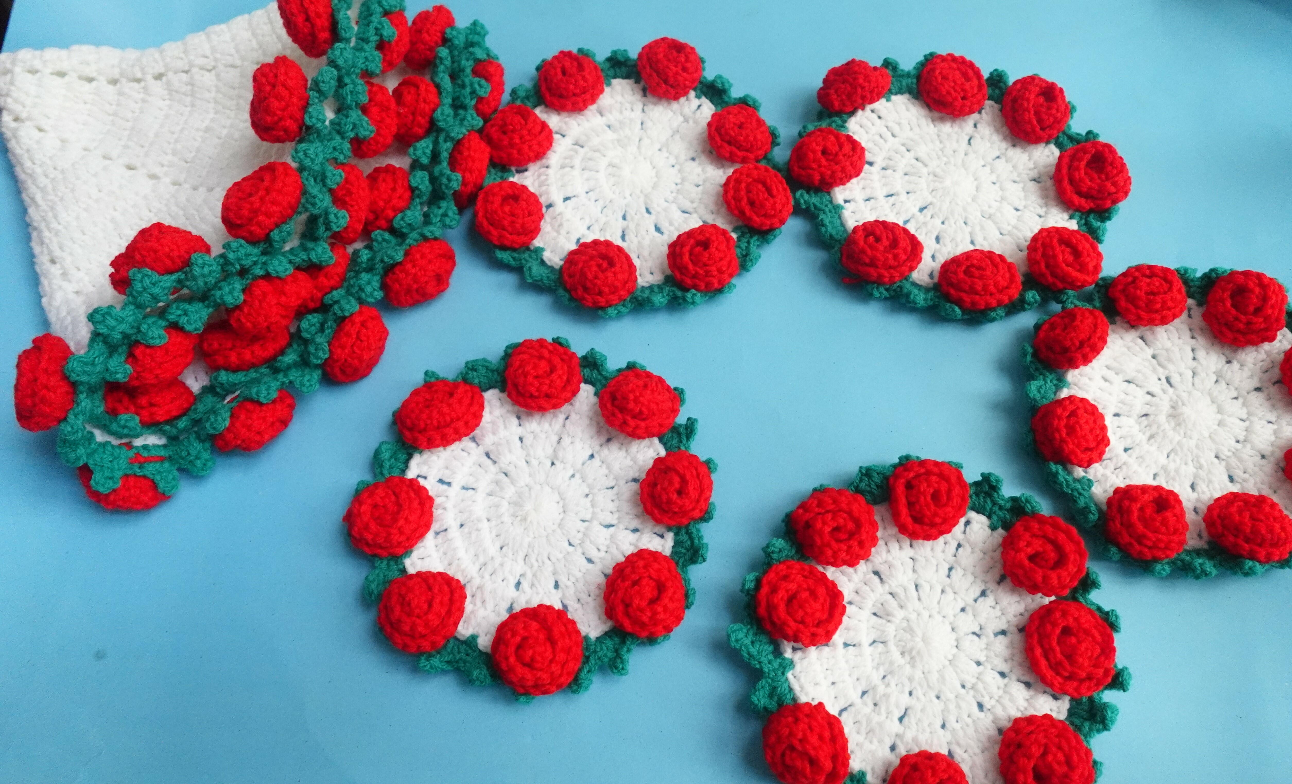 Crochet Red Rose Flower Bouquet Coaster Free Pattern | FaveCrafts.com